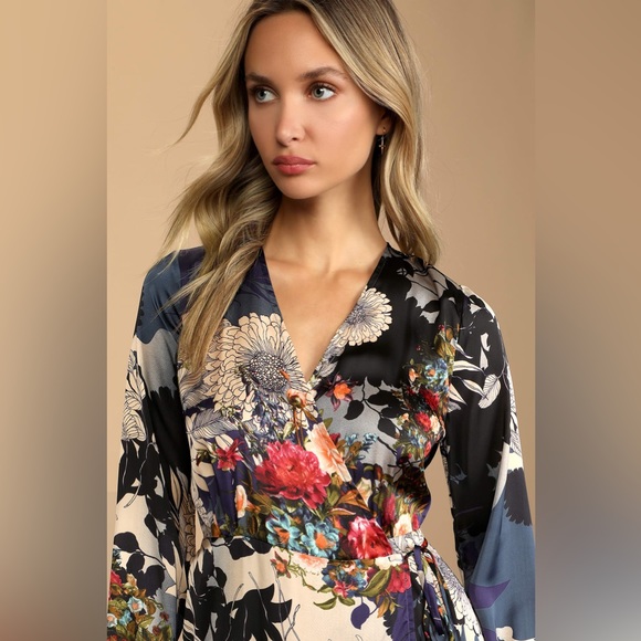 Lulus | Dresses | New Lulus Black And Pink Floral Print Maxi Wrap Dress ...